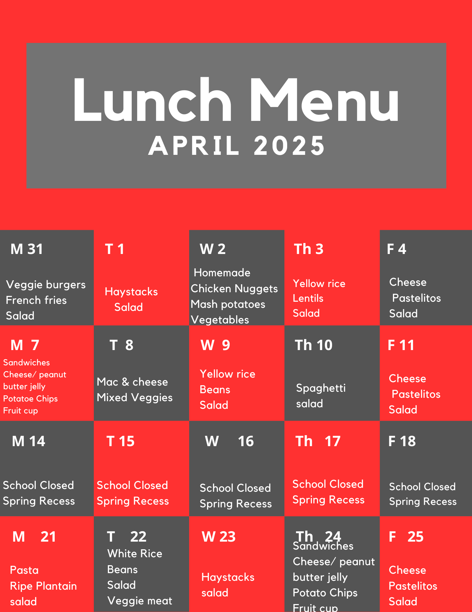 School Lunch Menu – Bronx-Manhattan Seventh-day Adventist School