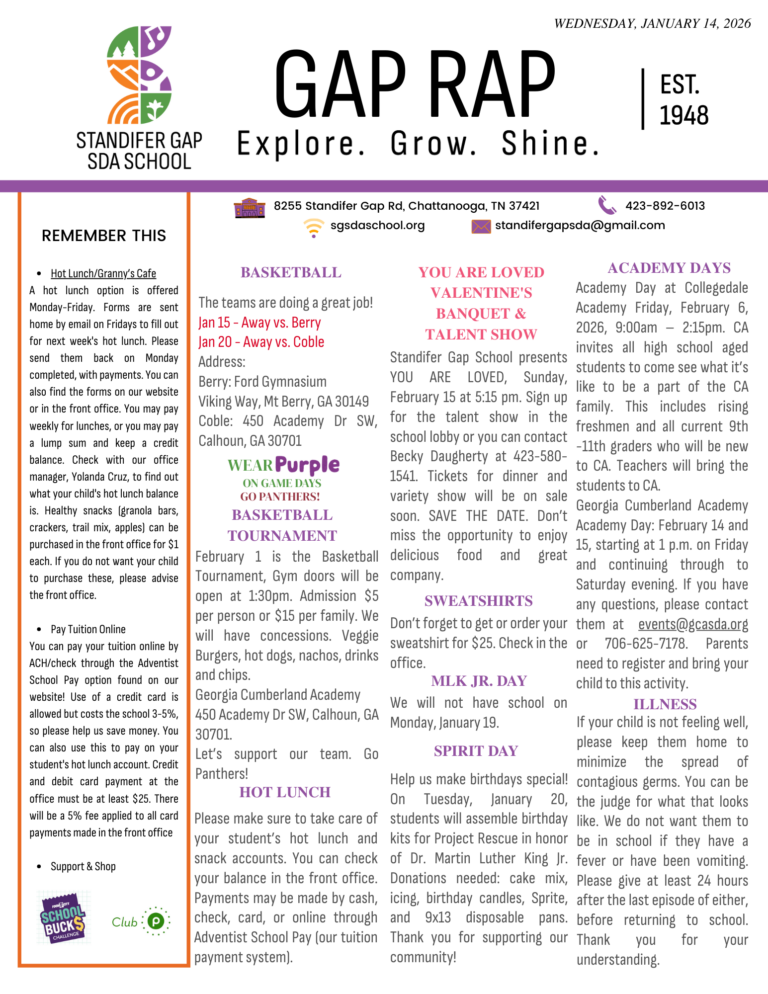 Gap Rap Newsletter 1.14.25 – Standifer Gap SDA School