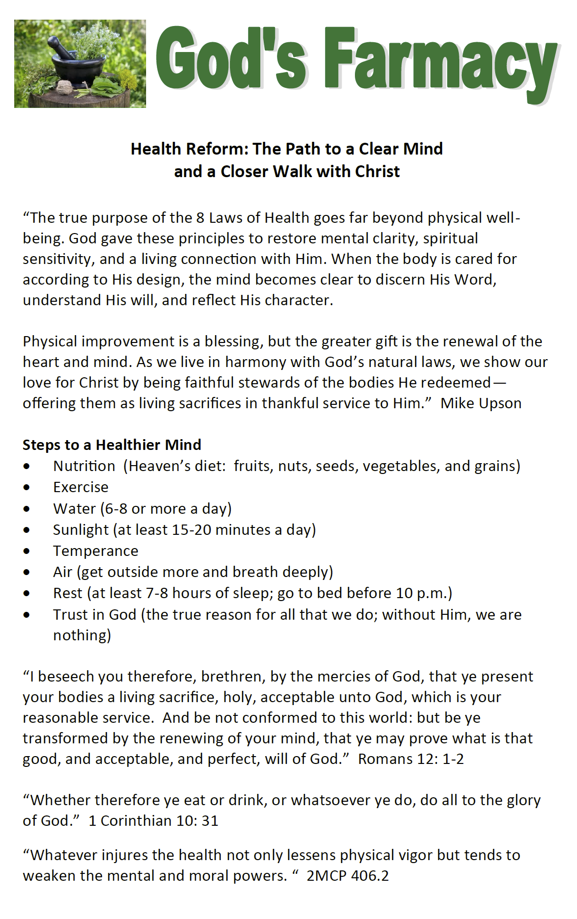 God’s Farmacy – Health Reform – 10-18-2025 – Cleburne Country Life SDA ...