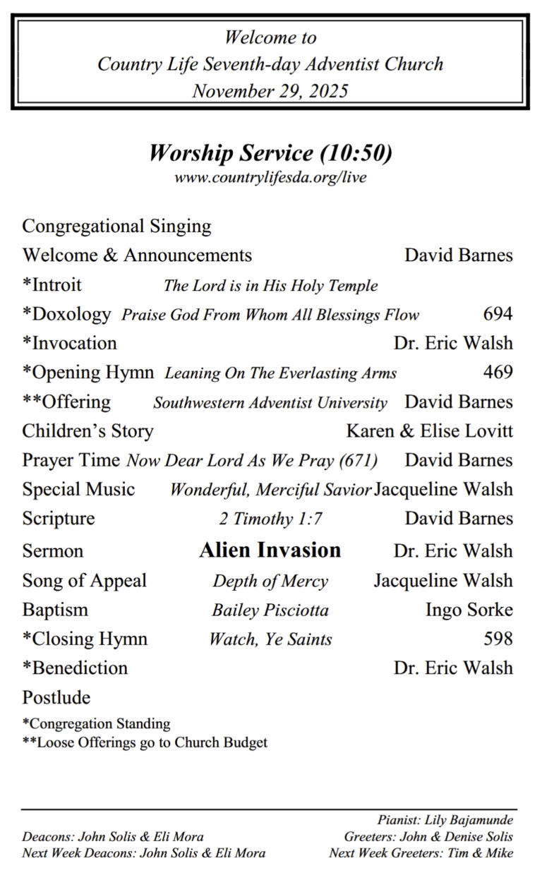 Bulletin – 11-29-2025 – Cleburne Country Life SDA Church