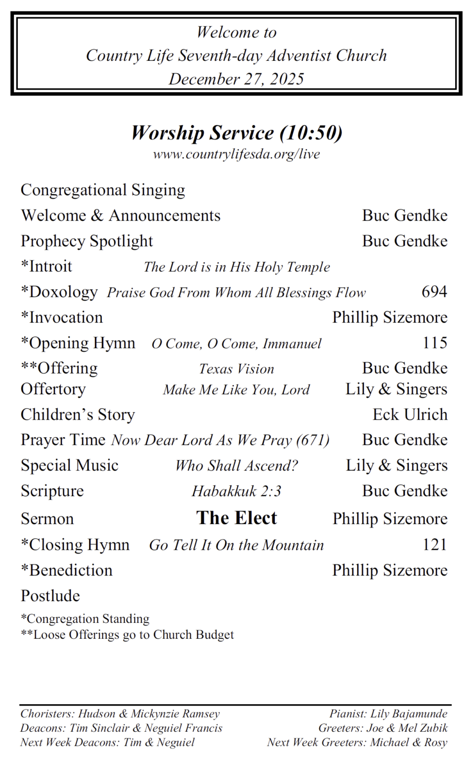 Bulletin – 12-27-2025 – Cleburne Country Life SDA Church