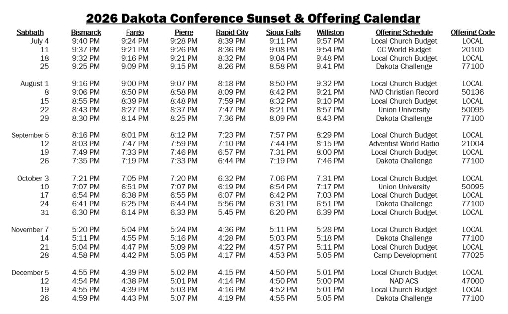 Sunset / Offering Schedule – Dakota Conference