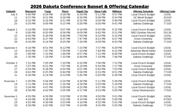 Sunset / Offering Schedule – Dakota Conference