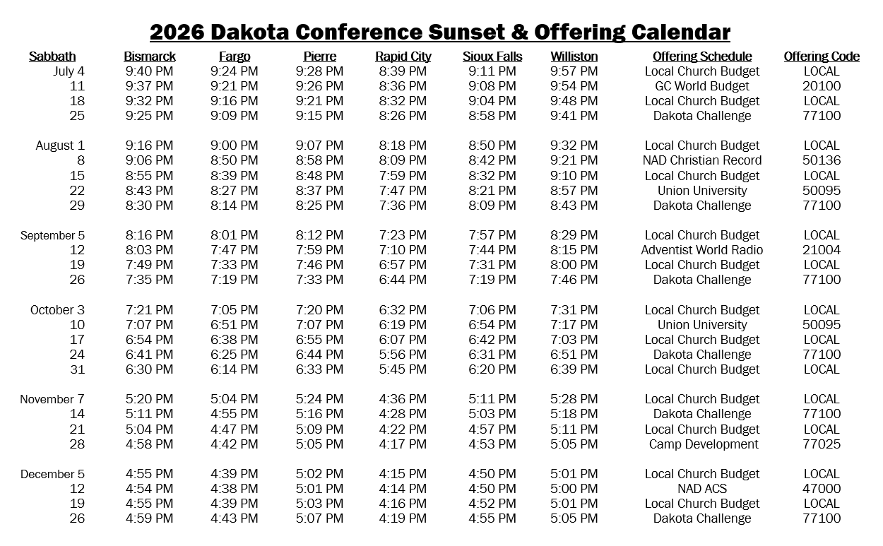Sunset / Offering Schedule – Dakota Conference