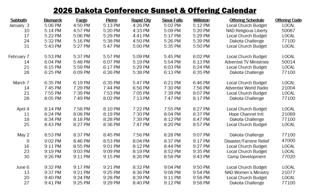 Sunset / Offering Schedule – Dakota Conference