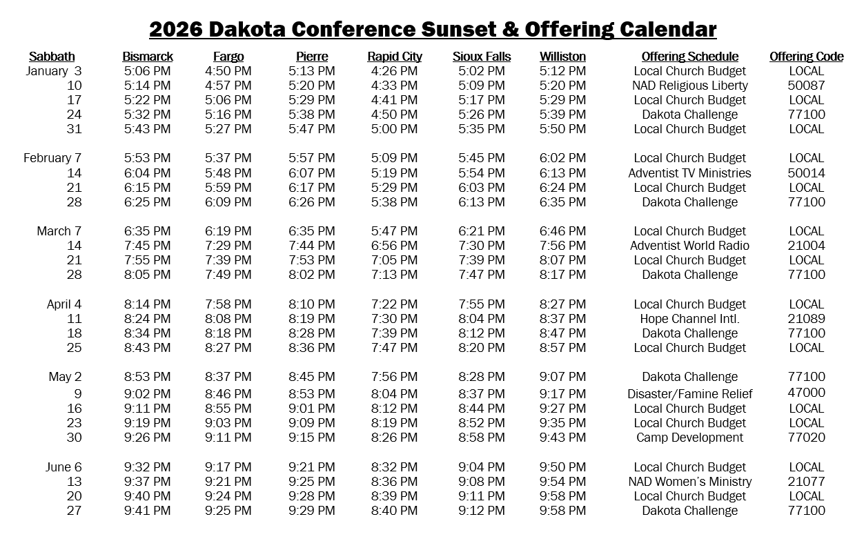 Sunset / Offering Schedule – Dakota Conference
