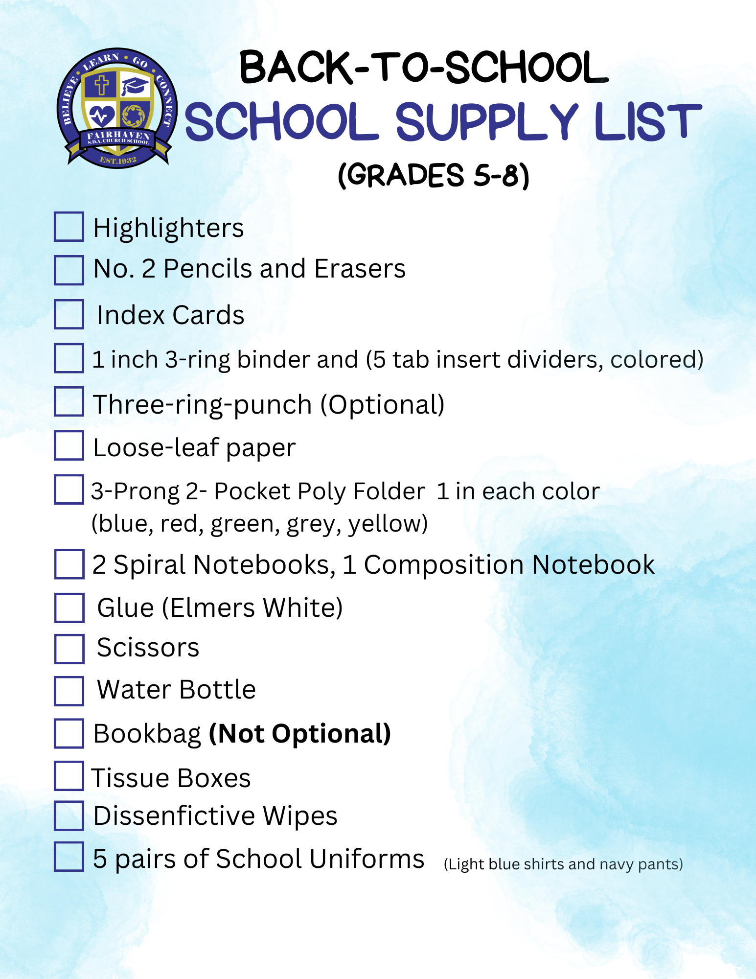 Student Supply List – Flint Fairhaven Elementary School