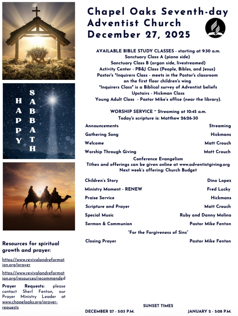 Worship Service Schedule For May 16, 2026 – Chapel Oaks Seventh-day ...