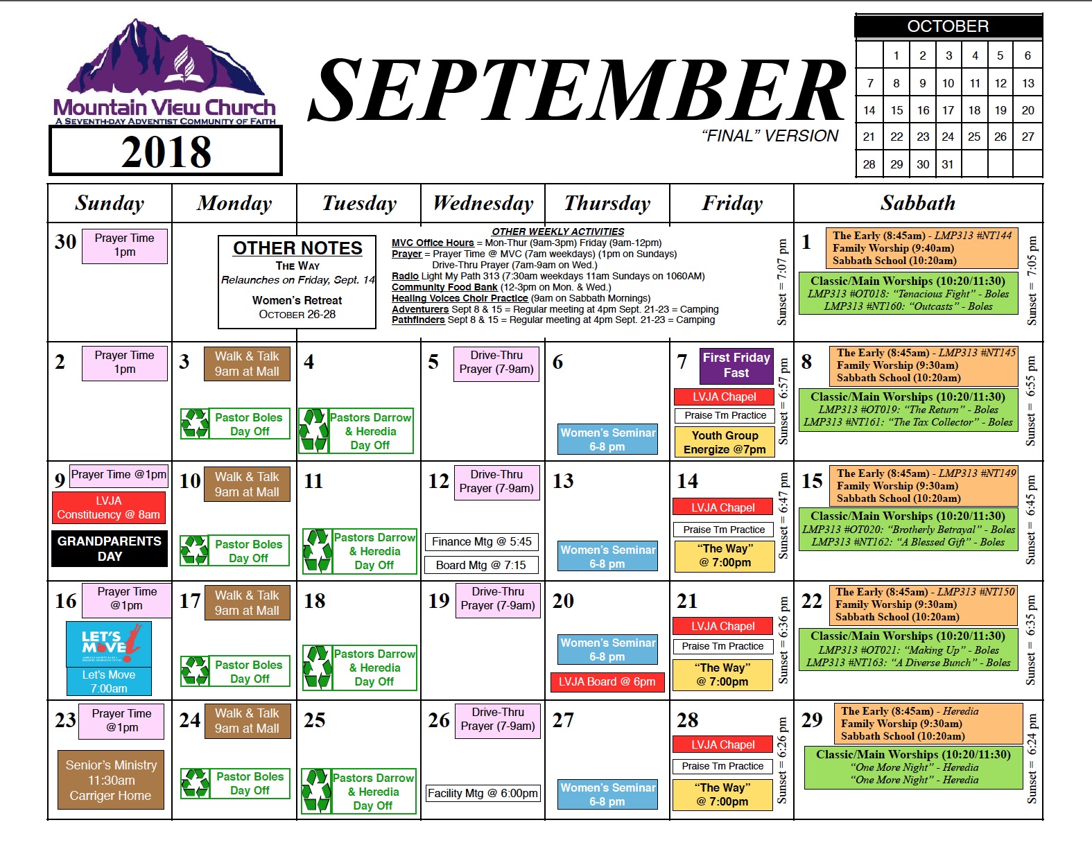 Published Calendar – Mountain View Seventh-Day Adventist Church