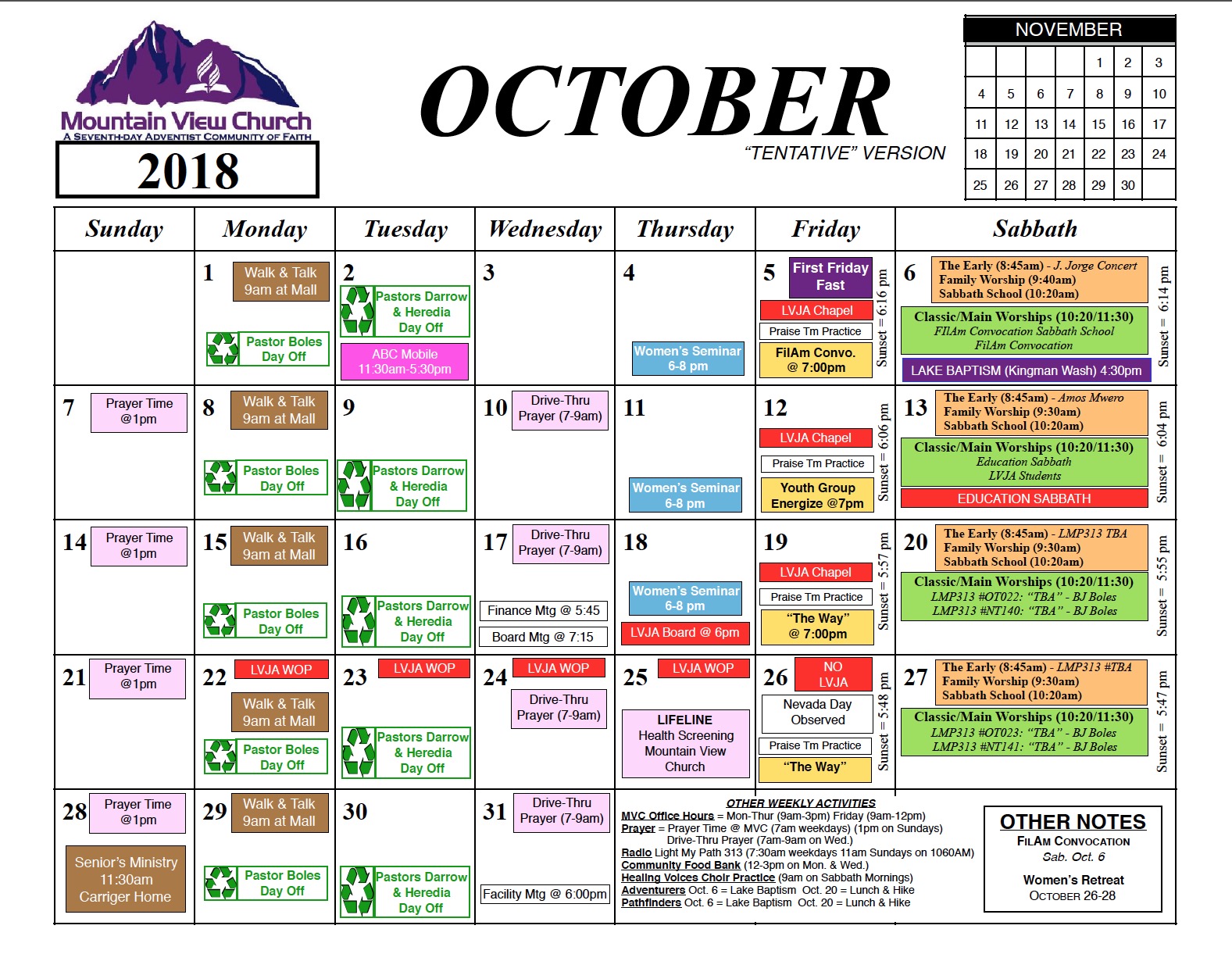 Published Calendar – Mountain View Seventh-Day Adventist Church